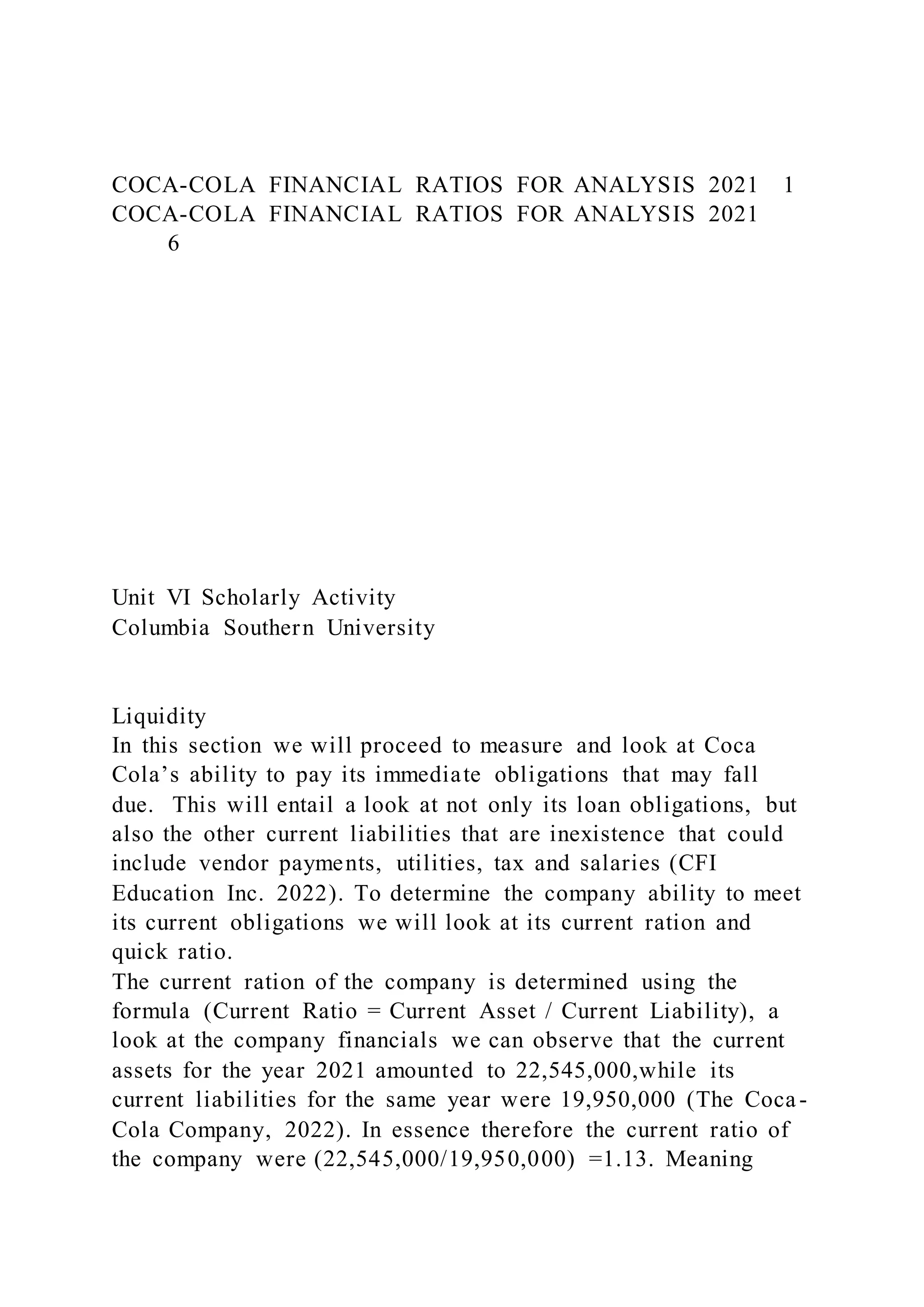 COCA-COLA FINANCIAL RATIOS FOR ANALYSIS 20211COCA-COLA FINANCIA | DOCX