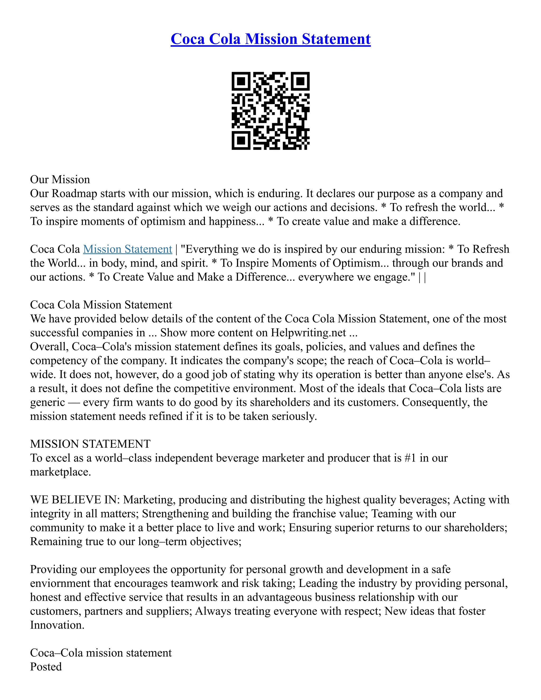 Coca Cola Mission Statement | PDF