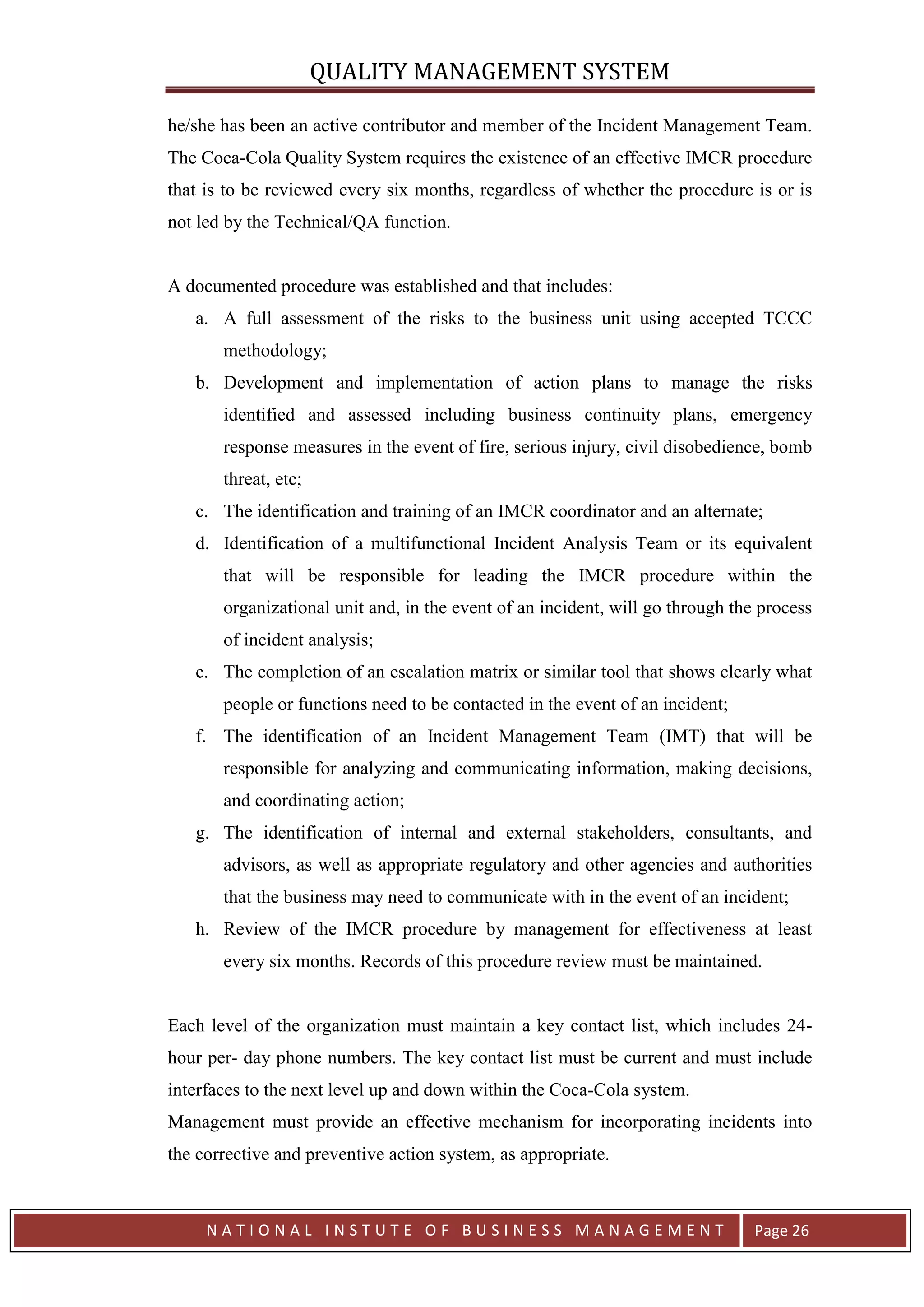 QUALITY MANAGEMENT SYSTEM OF COCA COLA | DOCX