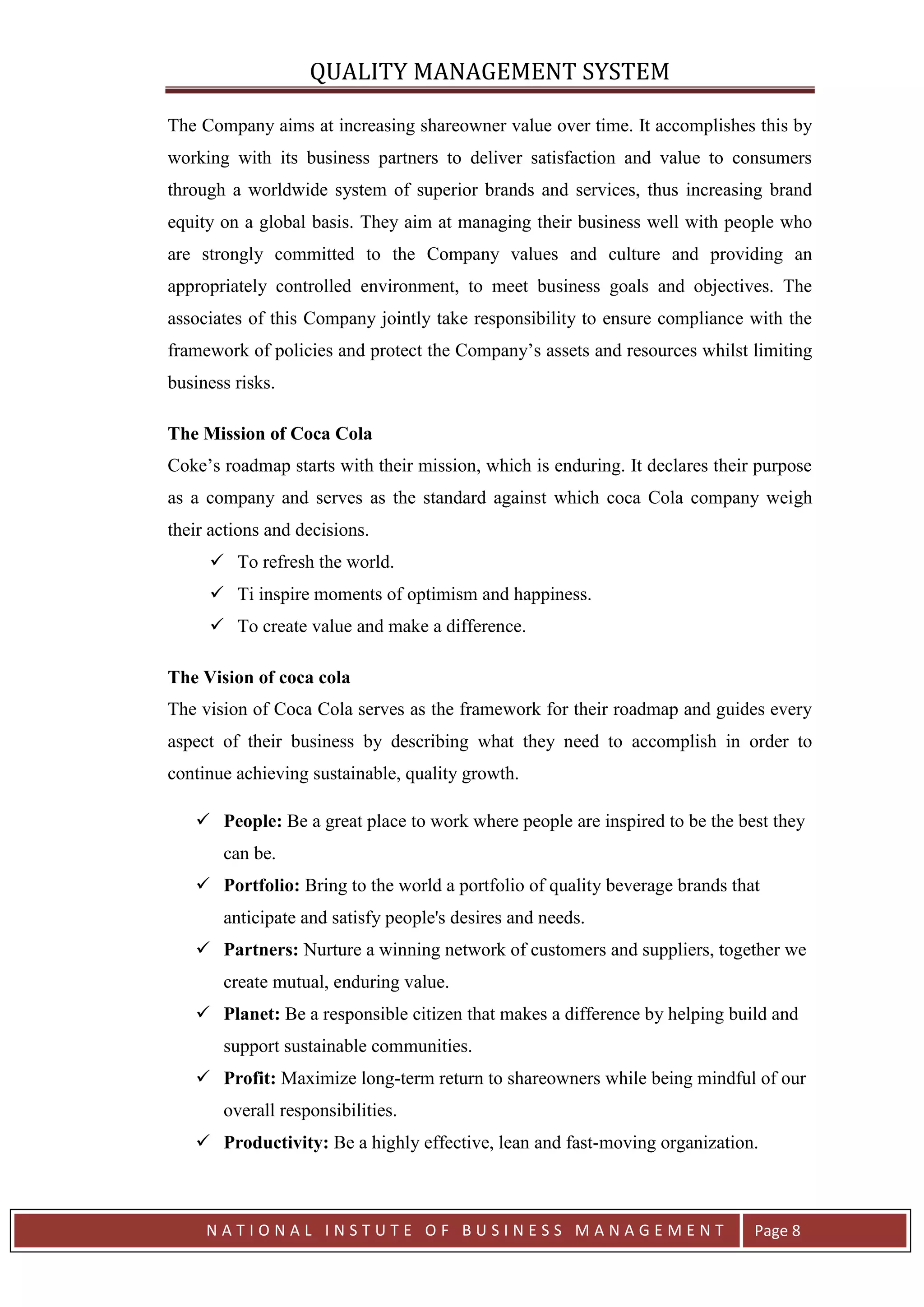 QUALITY MANAGEMENT SYSTEM OF COCA COLA | DOCX