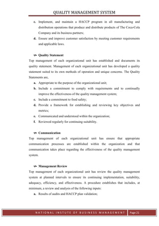 QUALITY MANAGEMENT SYSTEM OF COCA COLA | DOCX