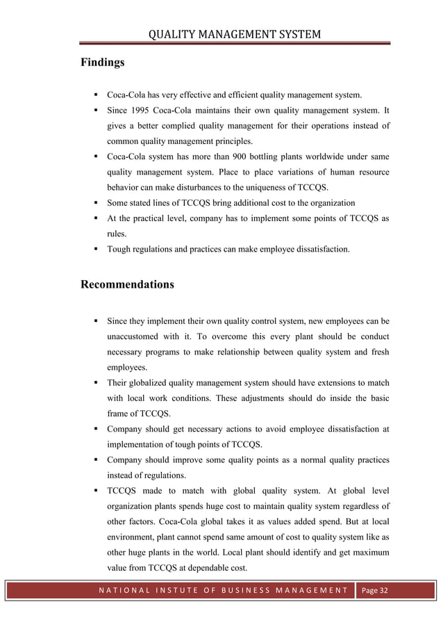 QUALITY MANAGEMENT SYSTEM OF COCA COLA | DOCX | Business Administration ...