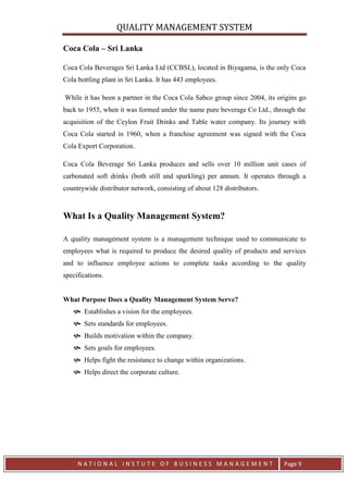 QUALITY MANAGEMENT SYSTEM OF COCA COLA | DOCX