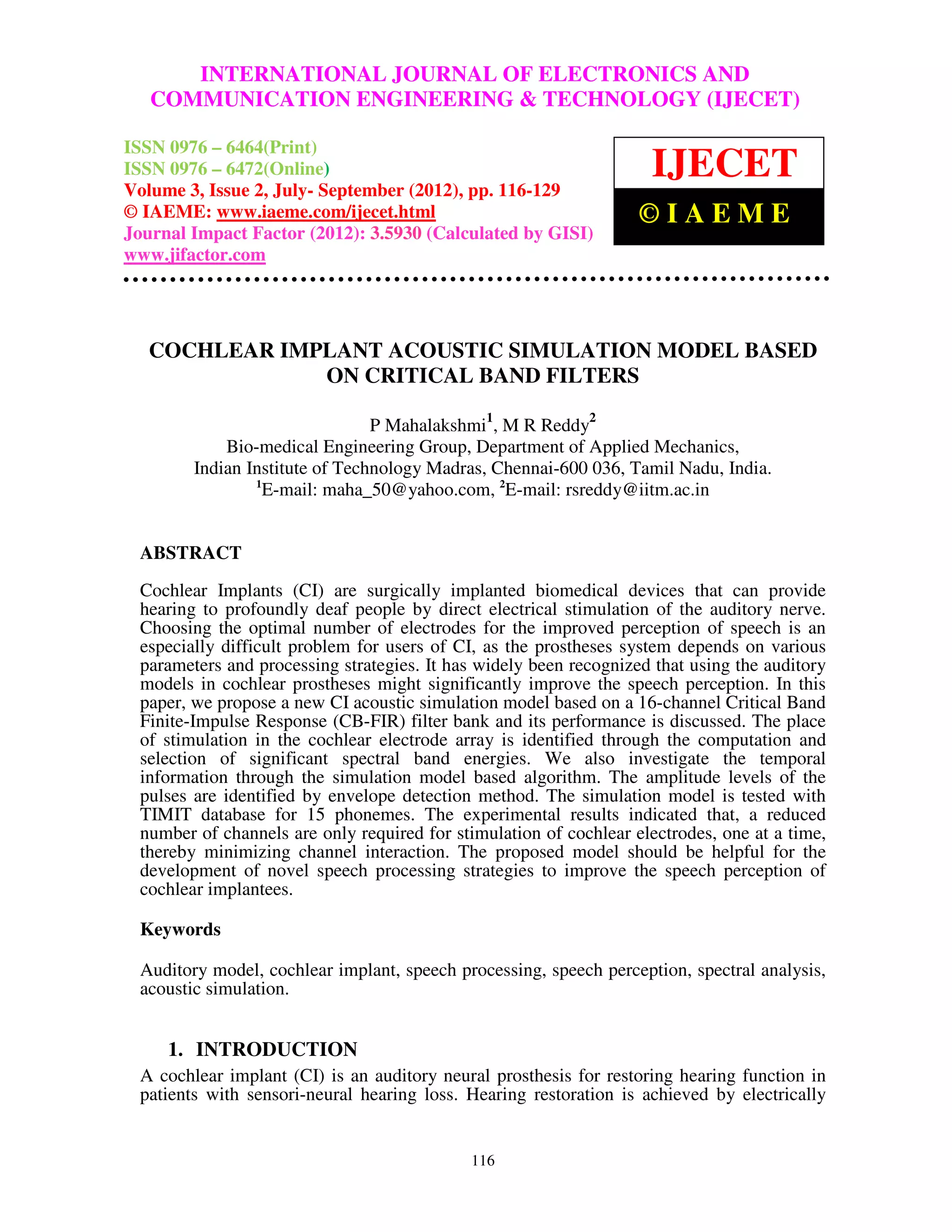 Cochlear implant acoustic simulation model based on critical band filters | PDF