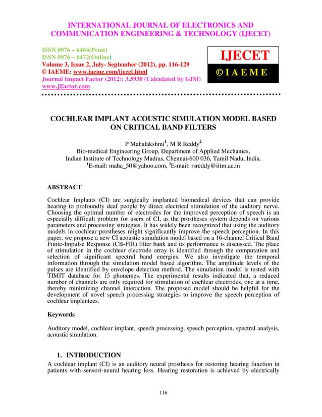Cochlear implant acoustic simulation model based on critical band filters | PDF