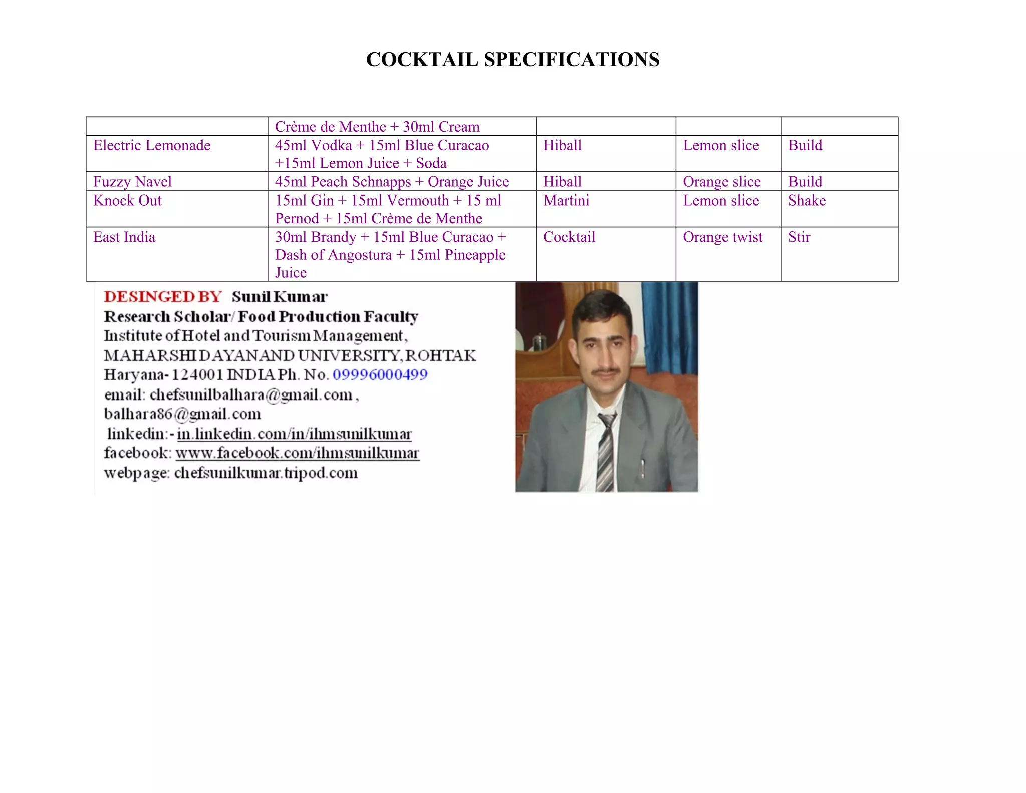 Cocktail specifications | DOC