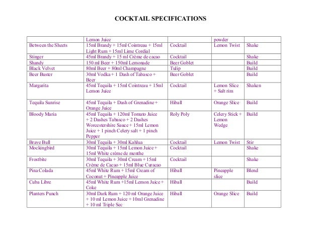 Cocktail specifications