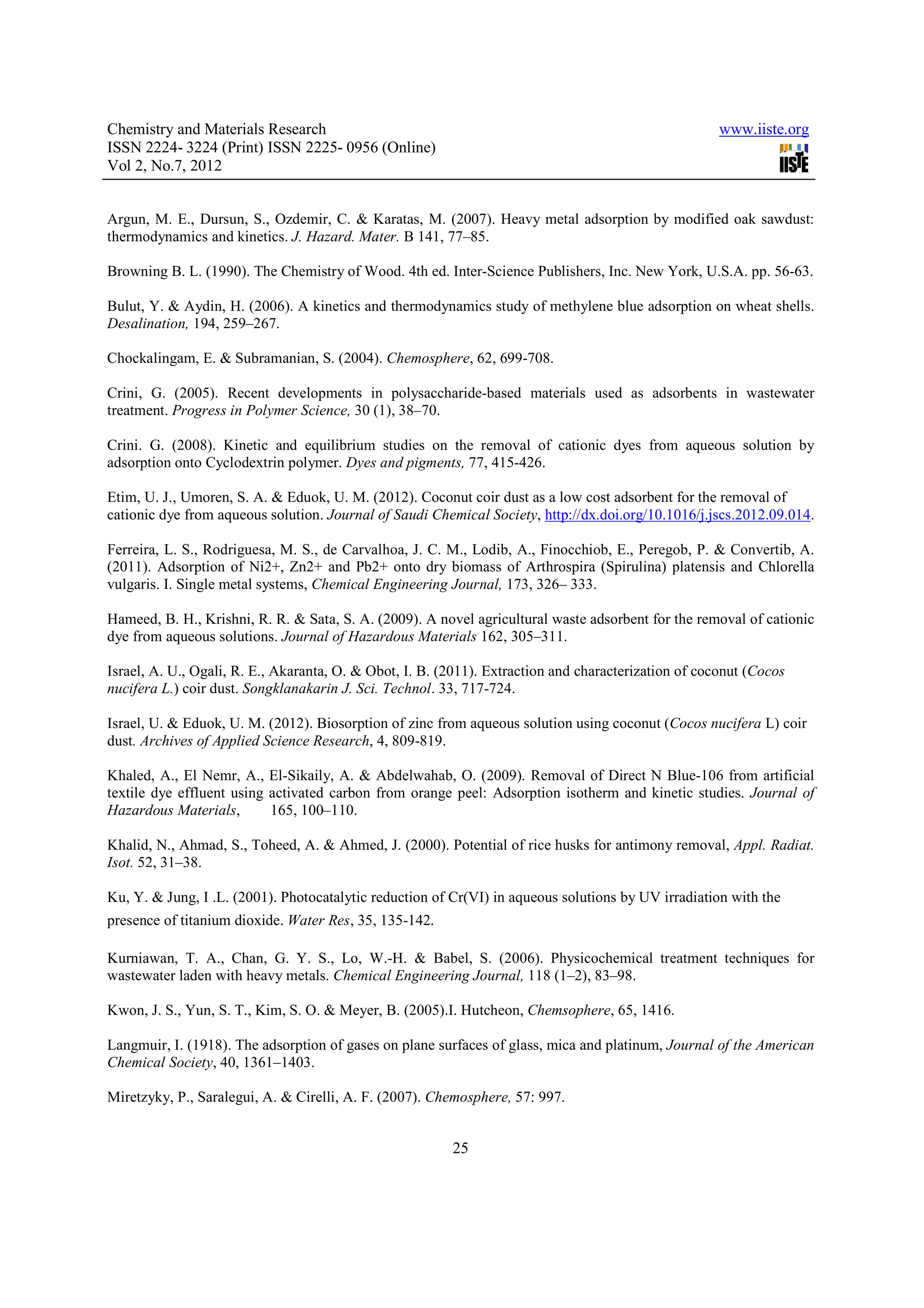 Coconut coir dust ion exchange resins for removal of ni2+ ion | PDF