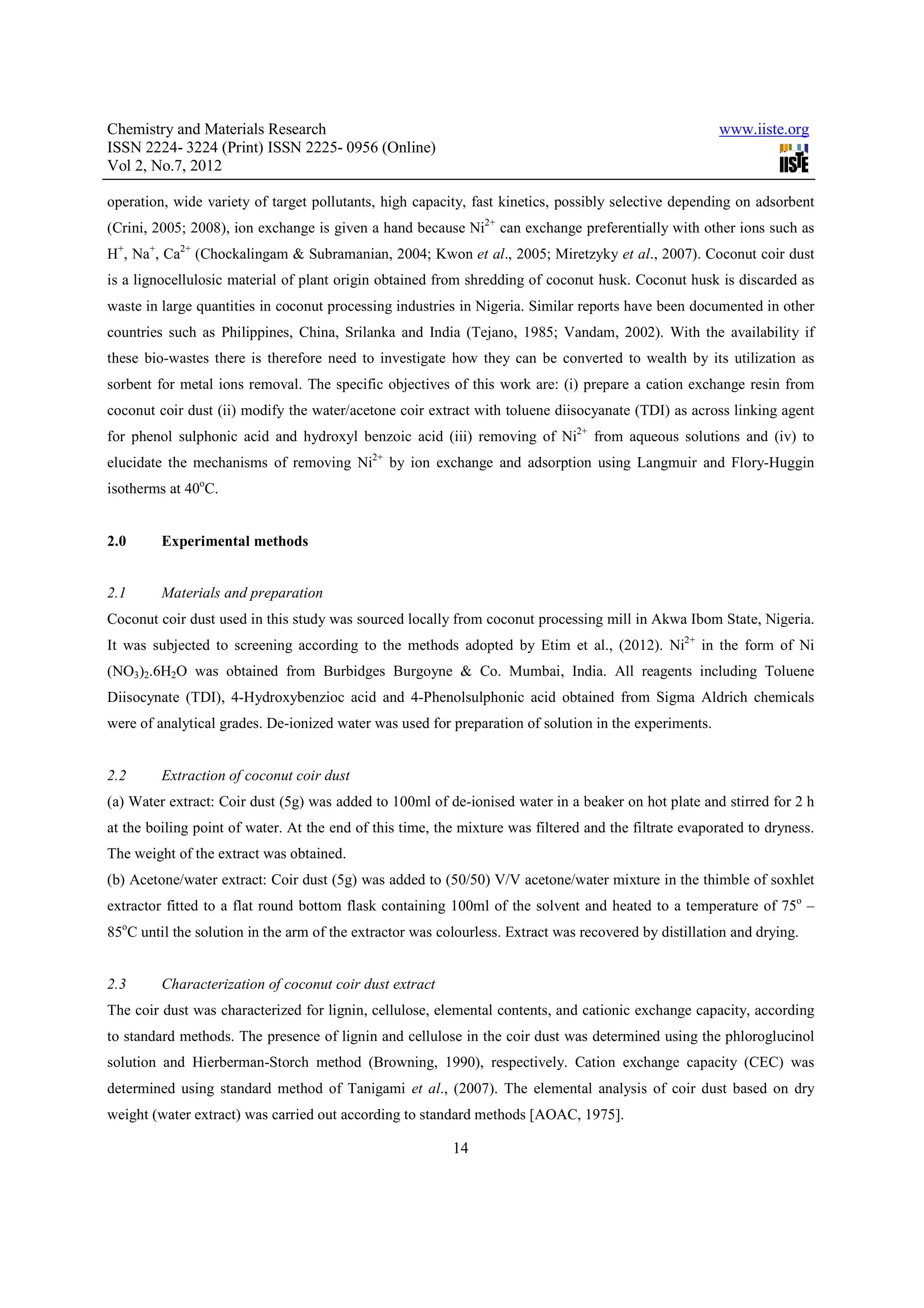 Coconut coir dust ion exchange resins for removal of ni2+ ion | PDF