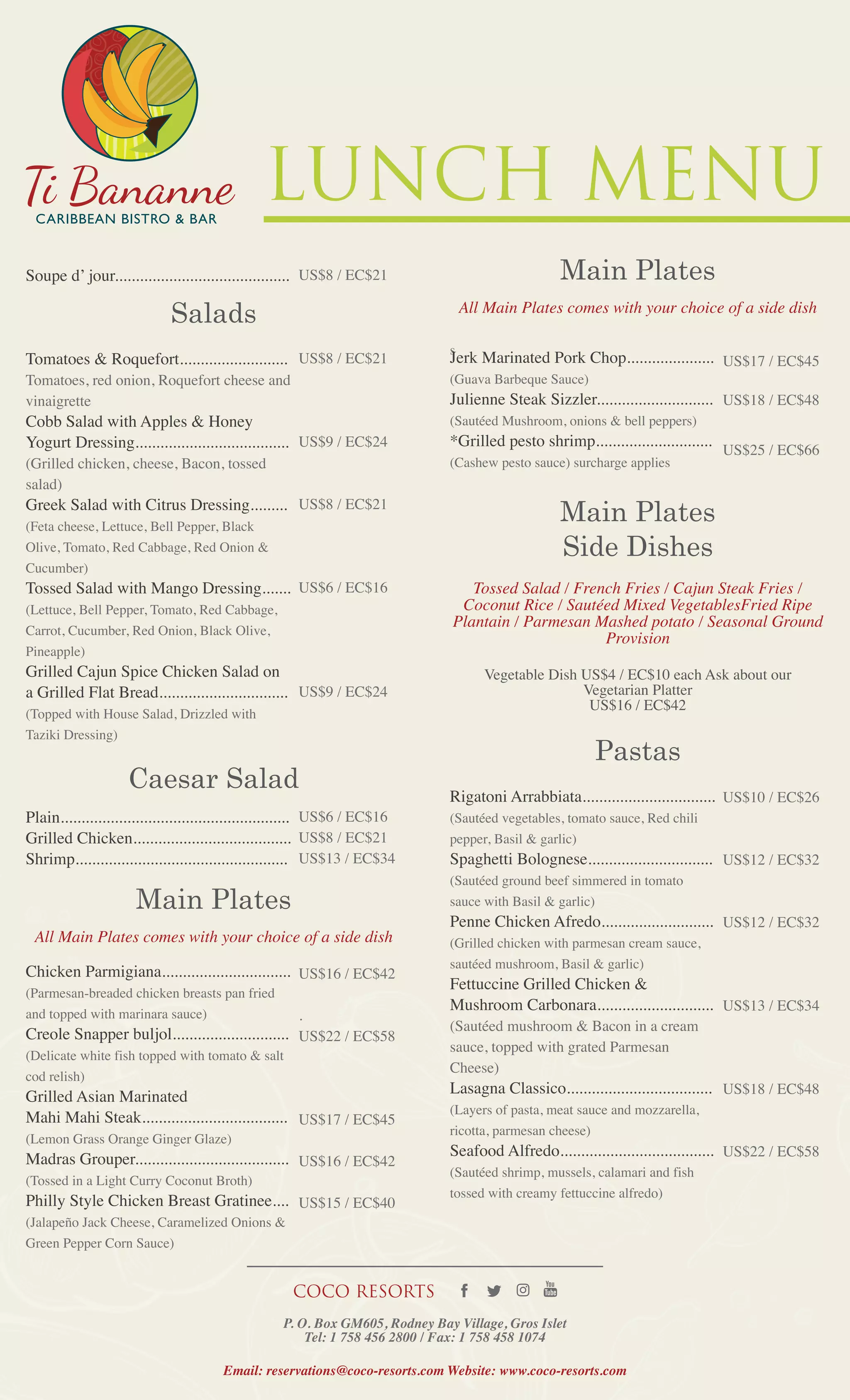 Ti Bananne Caribbean Bistro & Bar Lunch menu | PDF