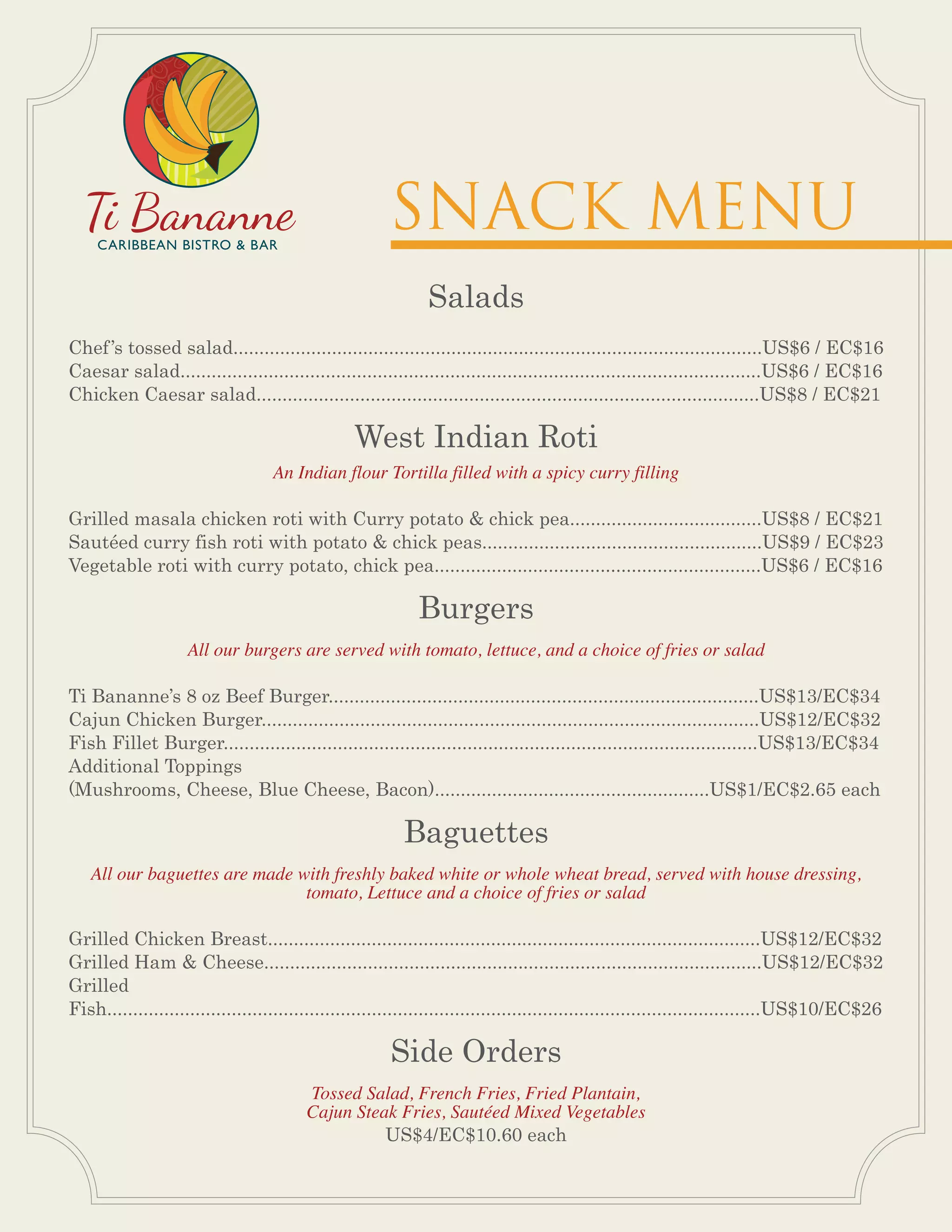 Ti Bananne Caribbean Bistro & Bar Snack Menu | PDF | Barbecues and ...
