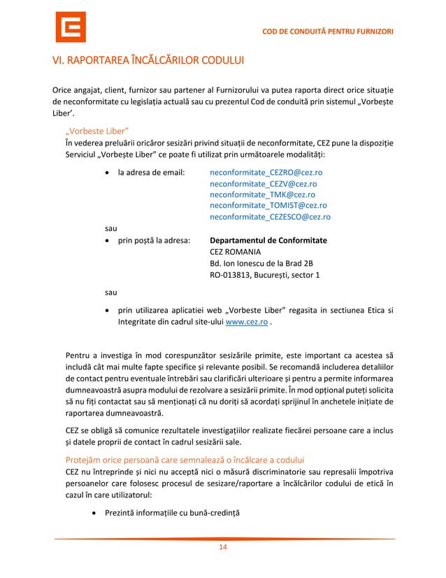 Cod de conduita furnizori CEZ | PDF