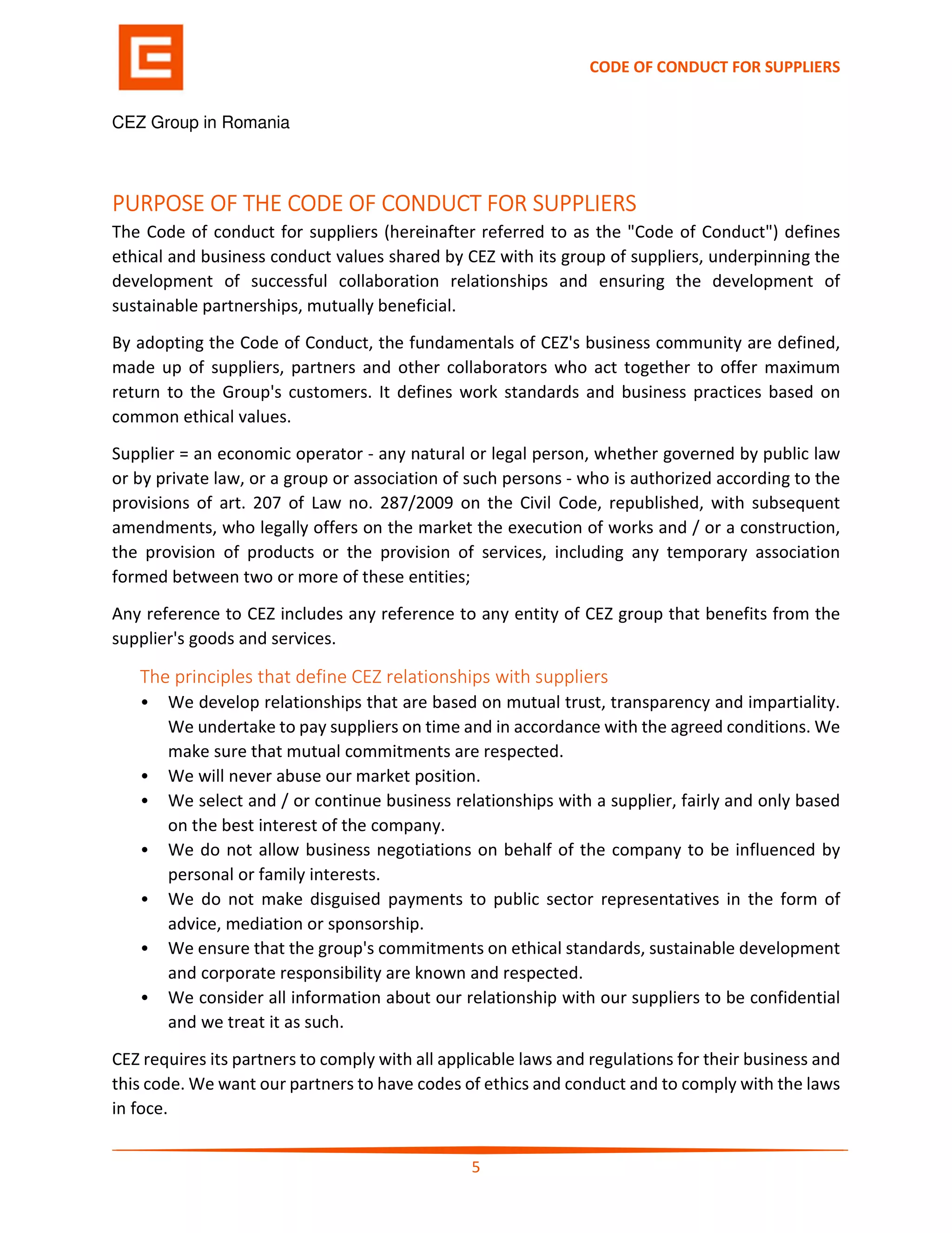 Cod Conduita Furnizori CEZ | PDF
