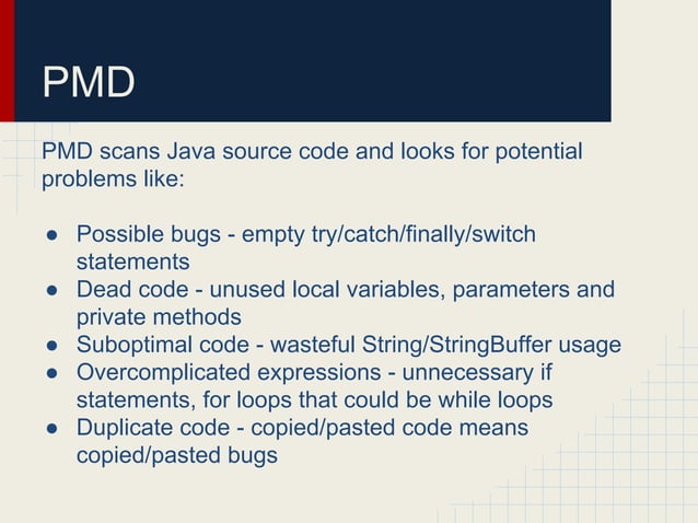 Code analyzer: FindBugs and PMD | PDF