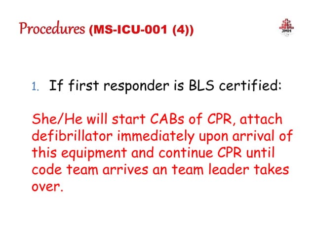 Code Blue Protocol. pptx. Cardiac arrest management in hospital | PPTX
