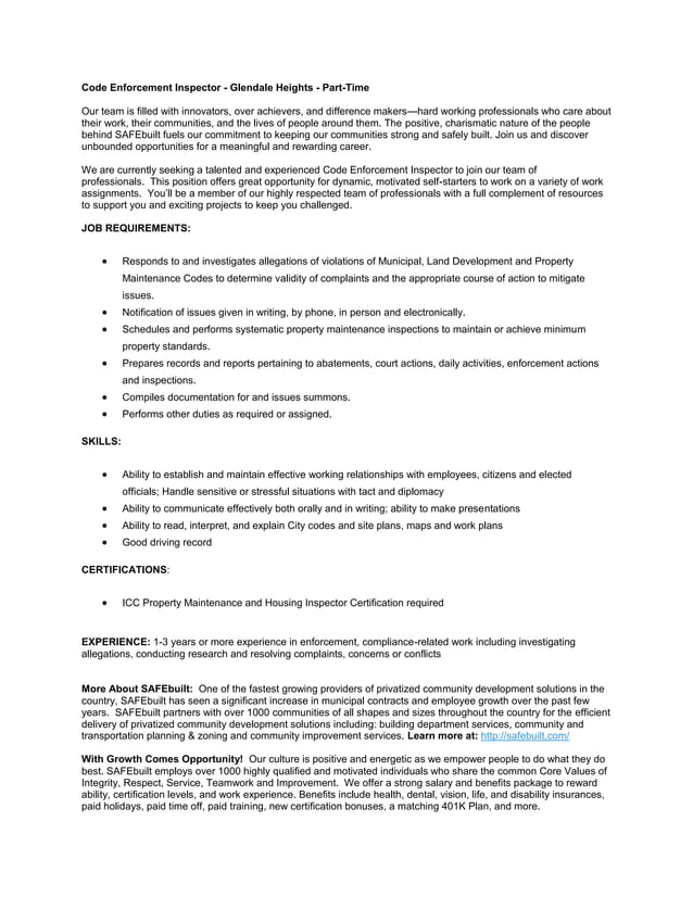 Glendale Heights Code Enforcement Inspector | DOCX