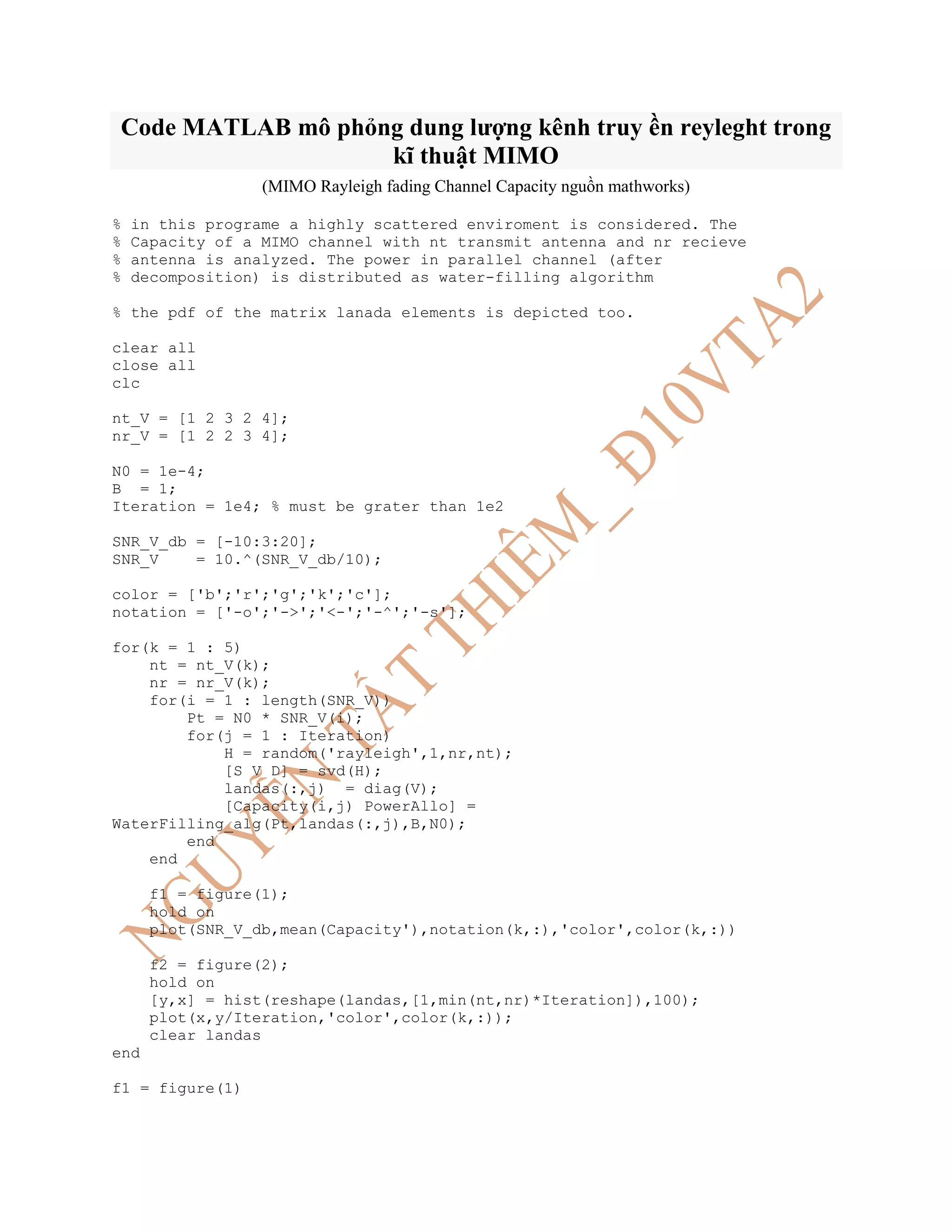 Code matlab mô phỏng dung lượng kênh truy ền reyleght trong kĩ thuật mimo | PDF | Physics | Science