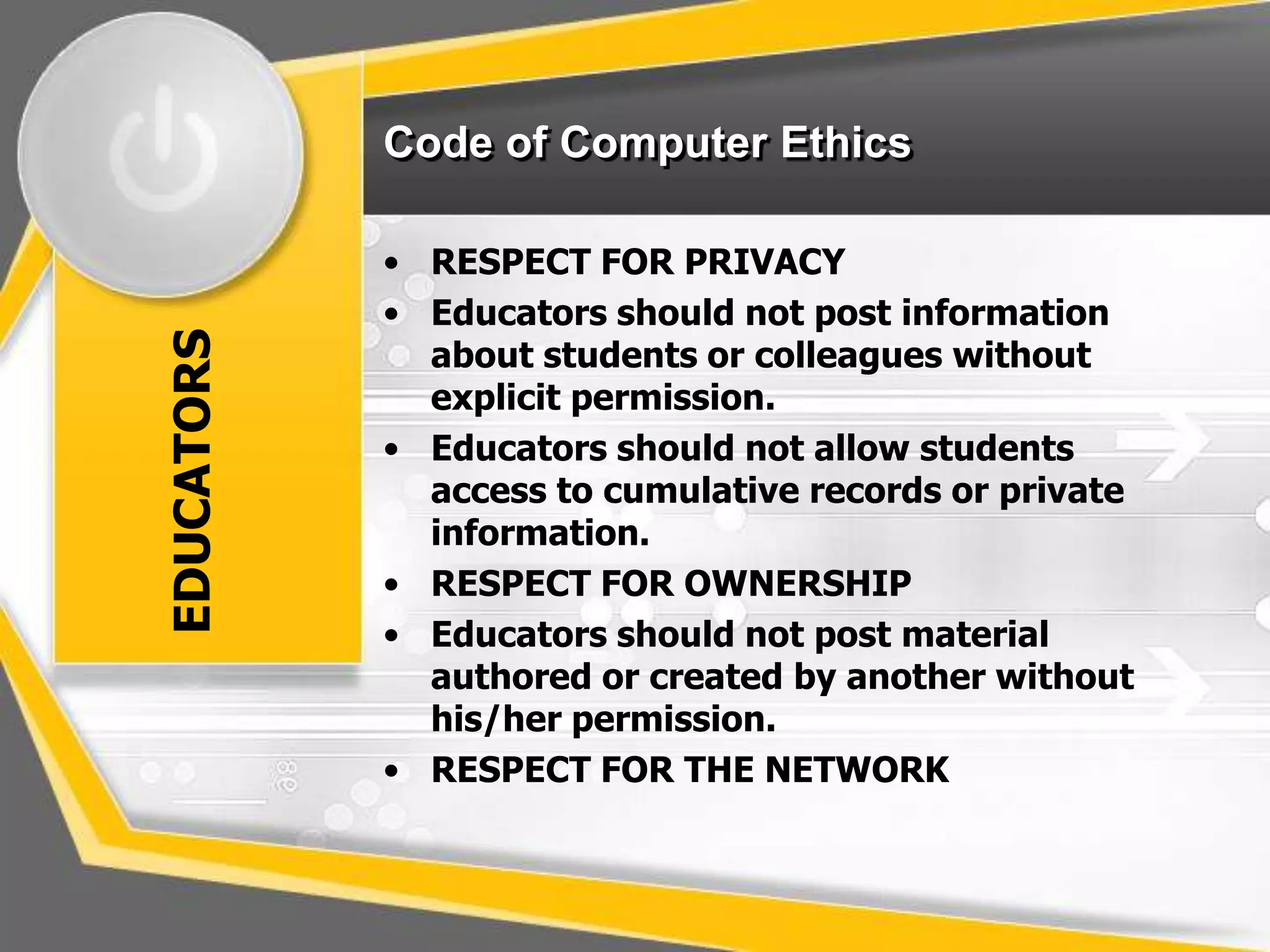 Code of computer ethics for educators | PPT