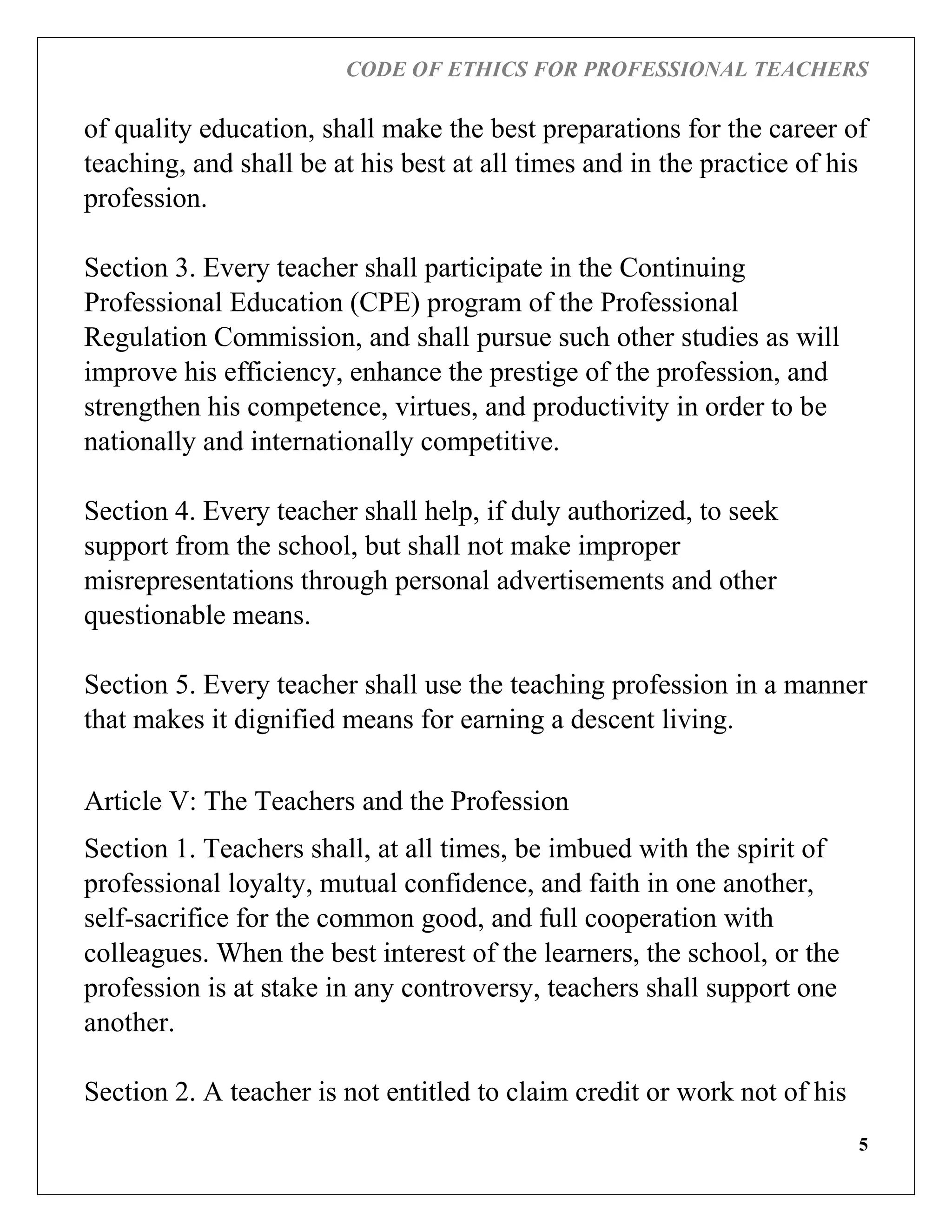 Code of ethics for professional teachers | DOCX