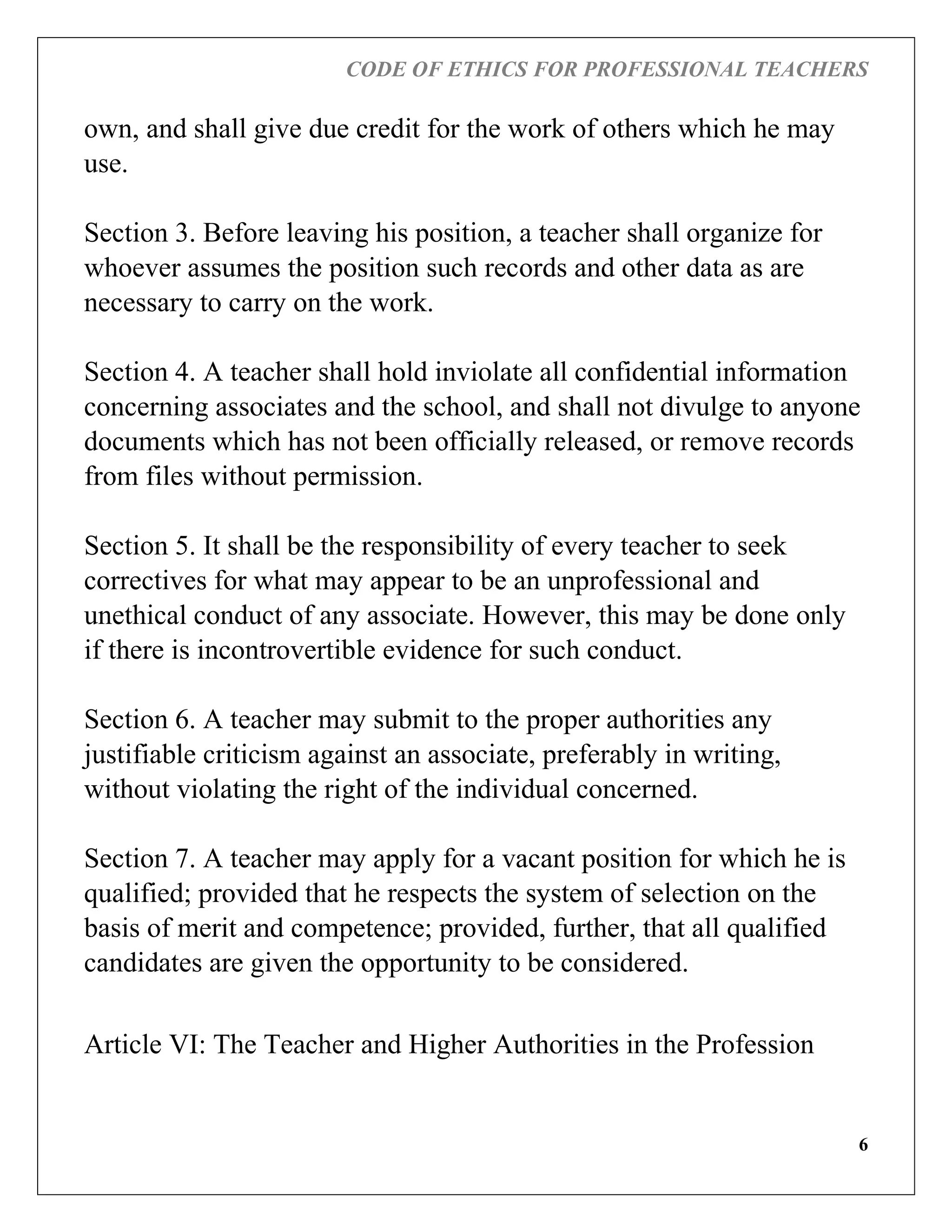 Code of ethics for professional teachers | DOCX