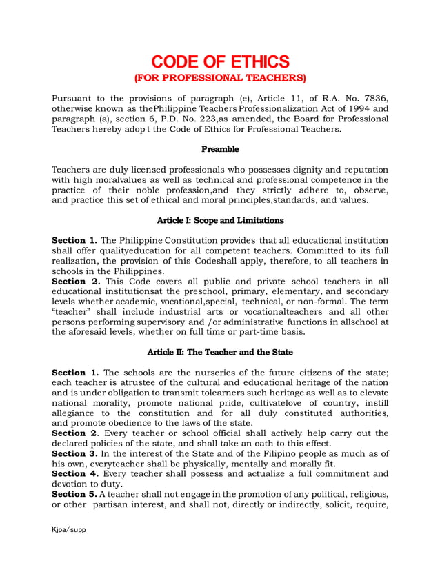 Code of Ethics for Teaching Profession | DOCX