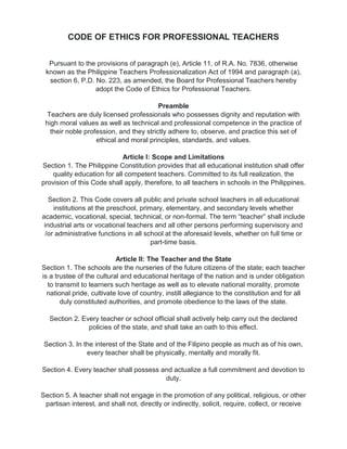 Code of ethics for teachers in philippines | PDF