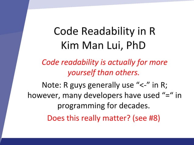 Code readability in r | PPT | Programming Languages | Computing
