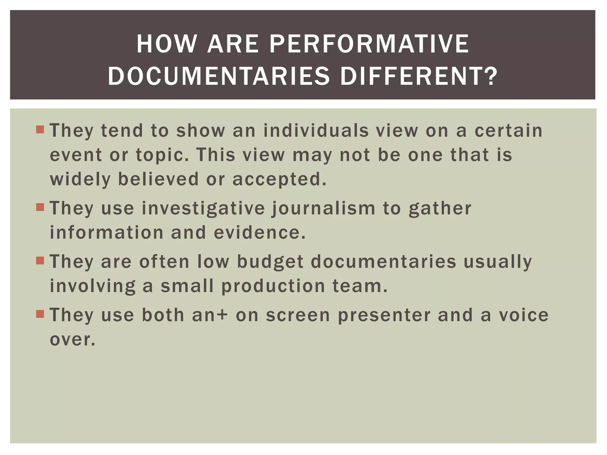 Codes and conventions- performative documentary genre | PPTX