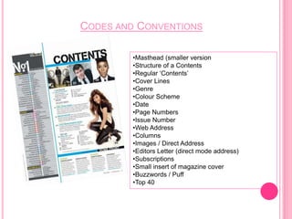 Codes and conventions of a Music Magazine Contents Page | PPTX