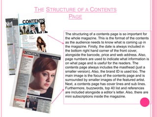 Codes and conventions of a Music Magazine Contents Page | PPTX