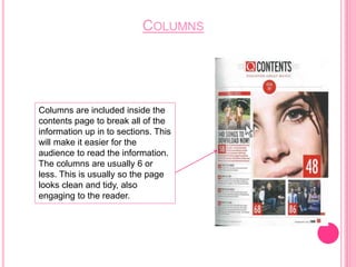 Codes and conventions of a Music Magazine Contents Page | PPT