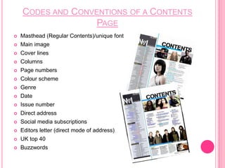 Codes and Conventions of a Contents Page | PPT
