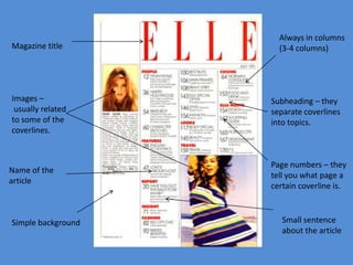 Codes and conventions of a magazine contents page | PPTX