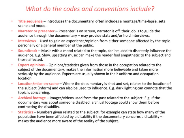 Codes and Conventions of Documentaries | PPTX