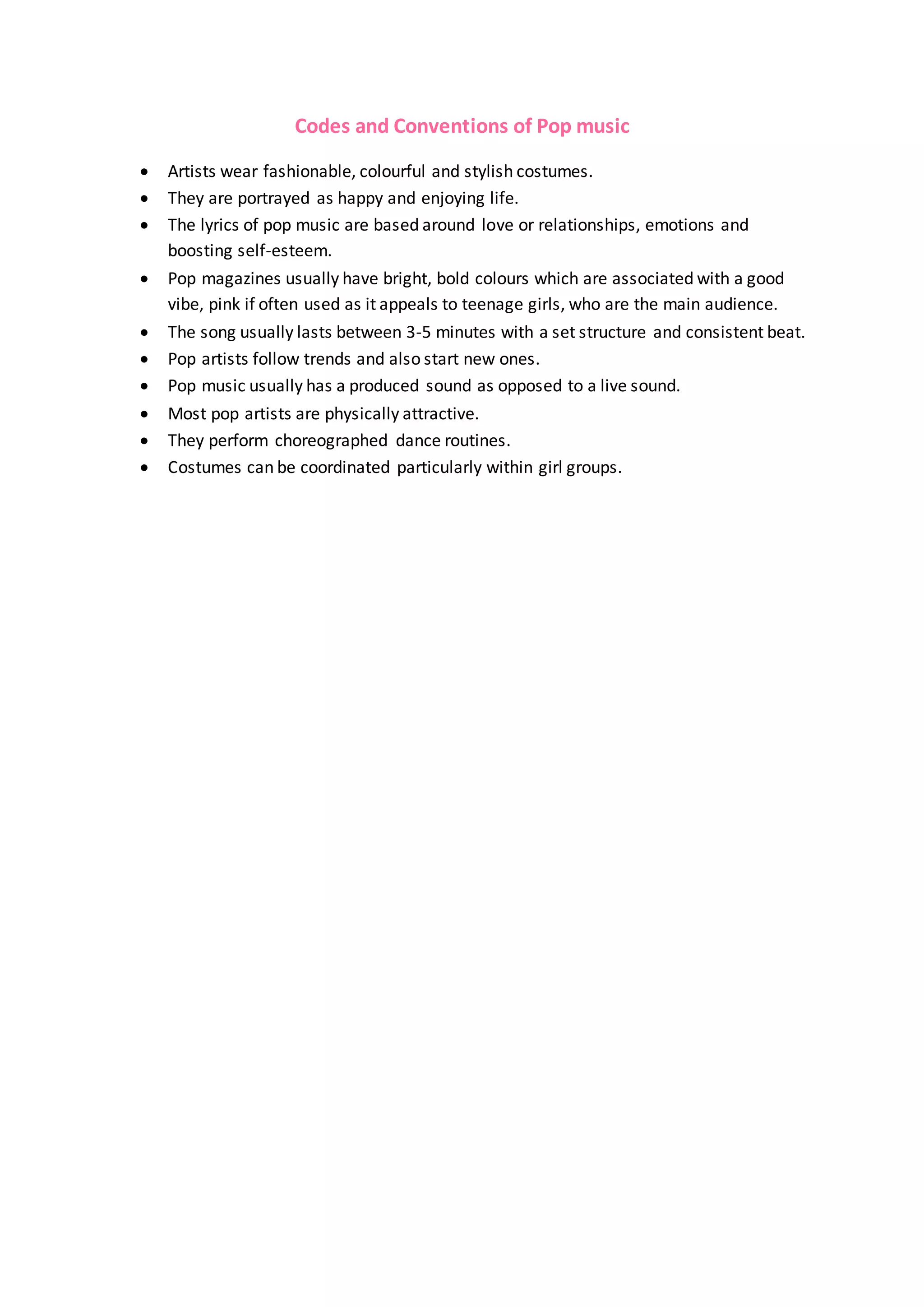 Codes and conventions of pop music | DOCX