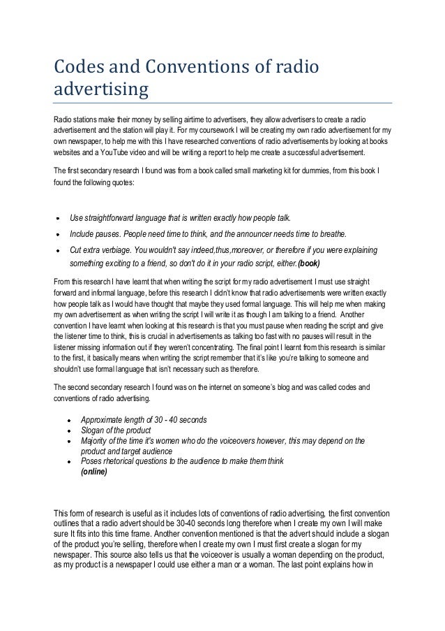 Codes and conventions of radio advertising report