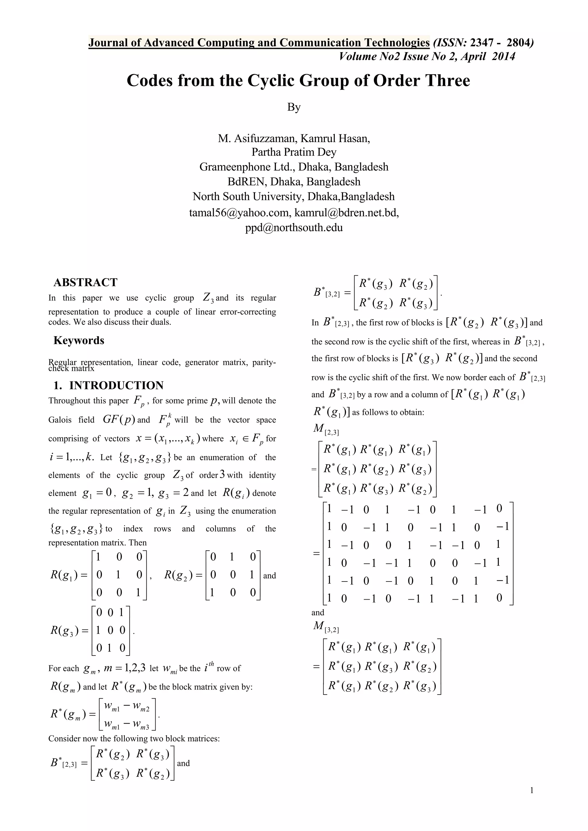 Codes from the cyclic group of order three | PDF