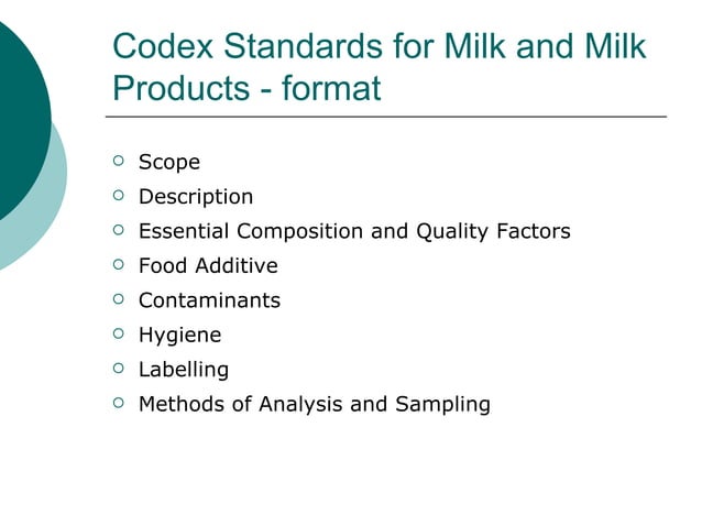 Codex work on milk and milk products (overview) | PPT | Chemistry | Science
