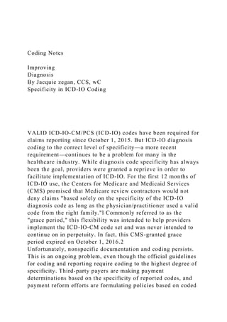 Coding NotesImproving Diagnosis By Jacquie zegan, CCS, w.docx | Web ...