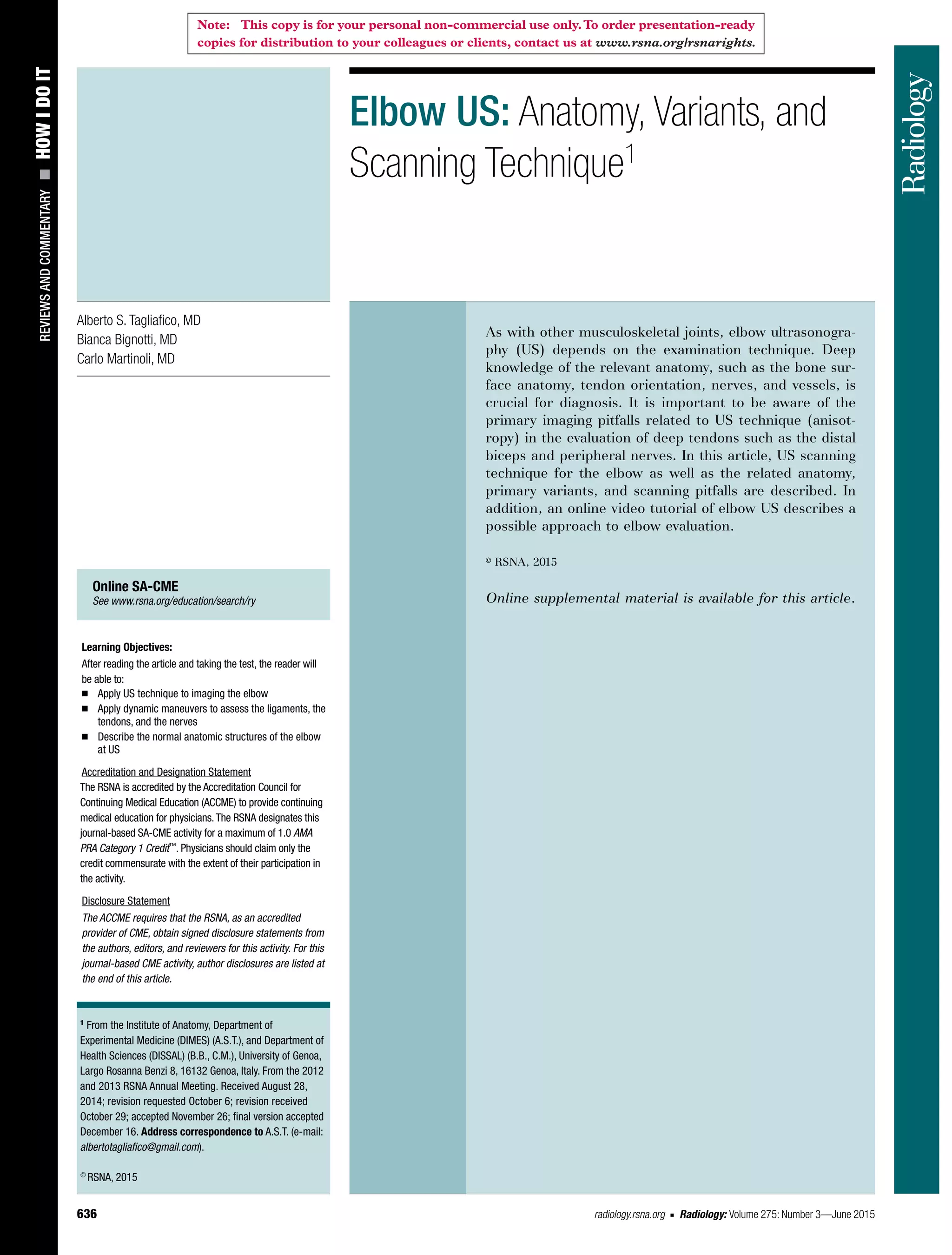 Codo 1. elbow us anatomy, variants, and scanning technique | PDF