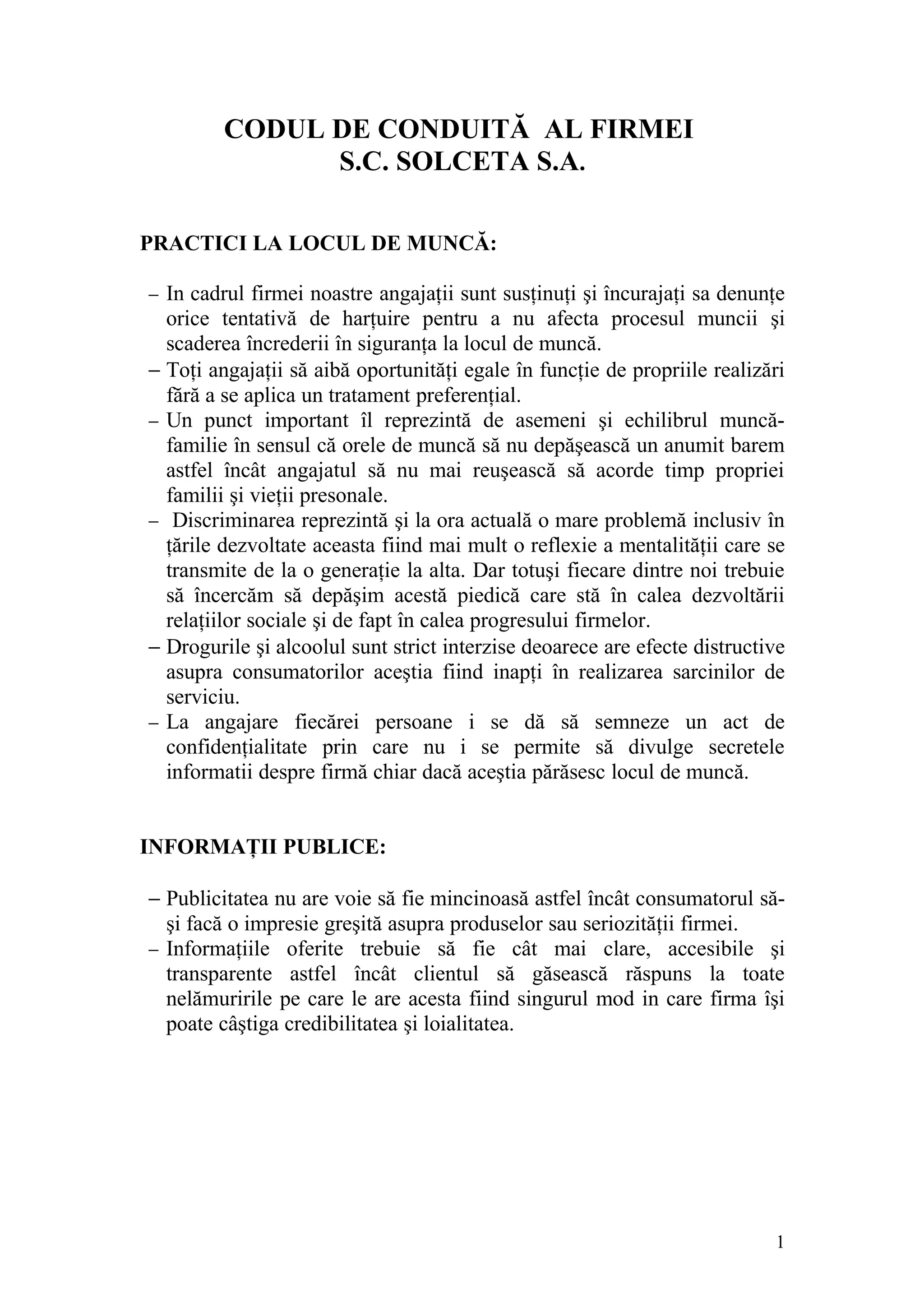 Codul De Conduită Etică Al Firmei | DOC