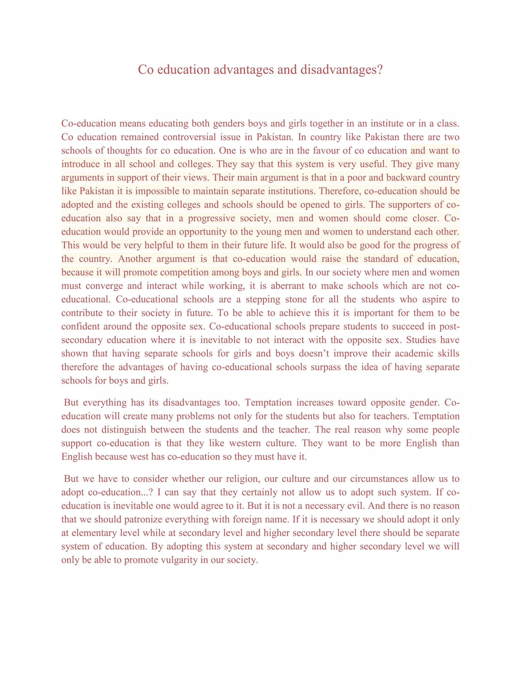 co education advantages and disadvantages | DOCX