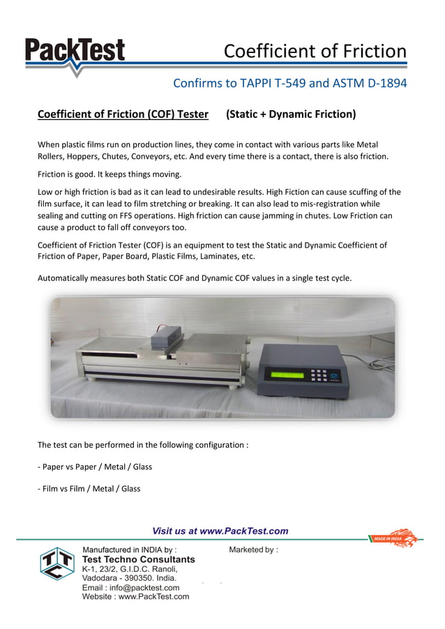 Coefficient of friction (cof) tester 2018 | PDF