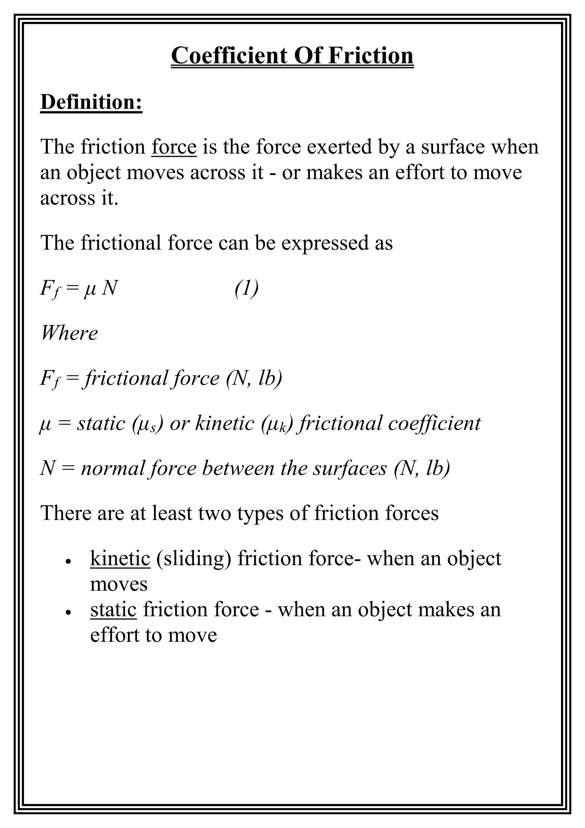Coefficient Of Friction Of Different Materials Pdf Physics Science