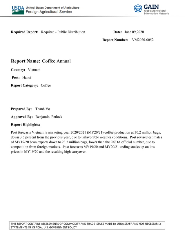 Vietnam Coffee Annual Report 2019 - 2020 | PDF