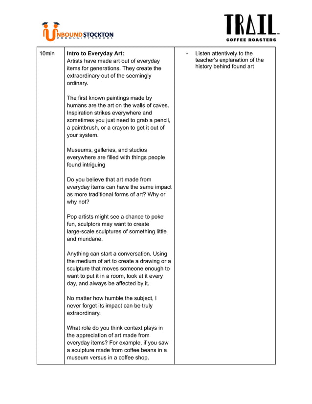 Coffee Beans Lesson Plan -Unbound Stockton | PDF