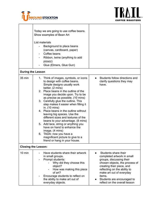 Coffee Beans Lesson Plan -Unbound Stockton | PDF
