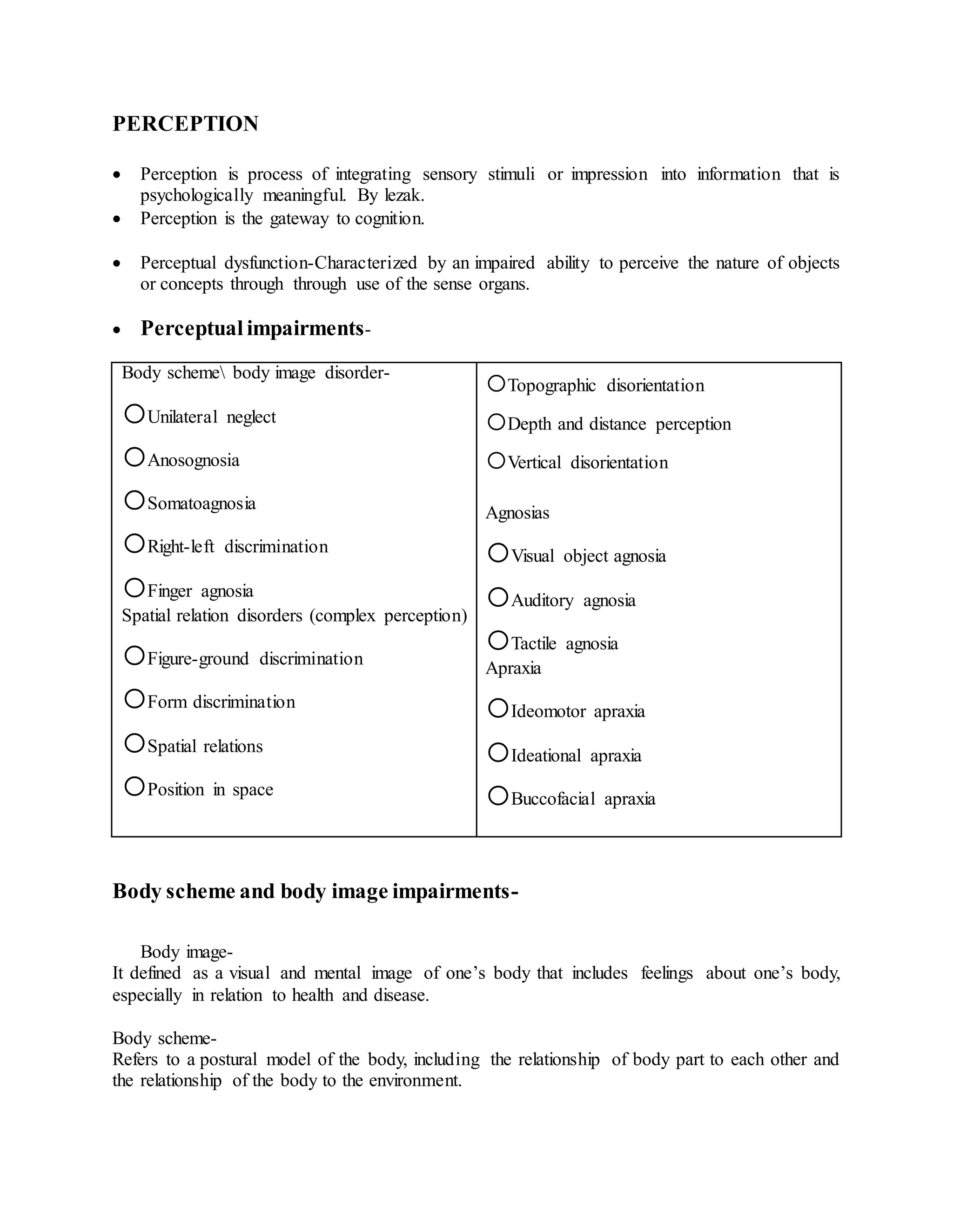 Cognition and perception dysfunction and rehabilitation | DOCX