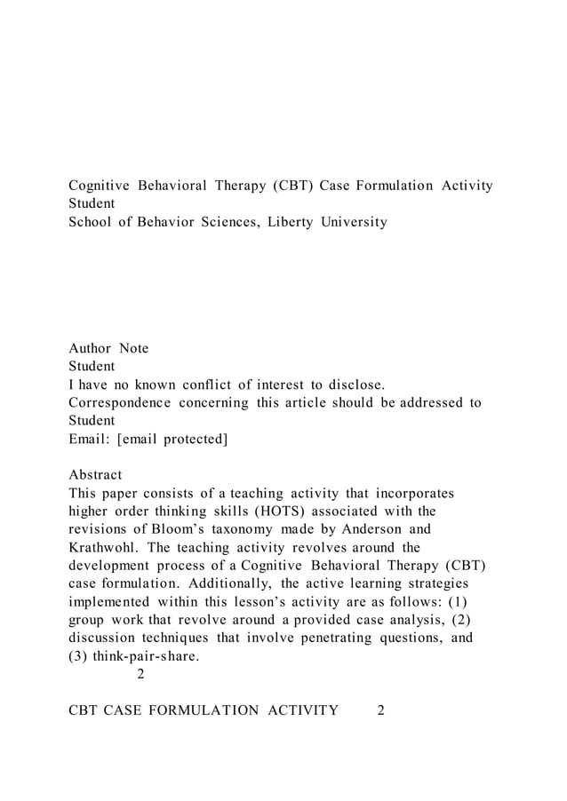Cognitive Behavioral Therapy (CBT) Case Formulation Activi | DOCX