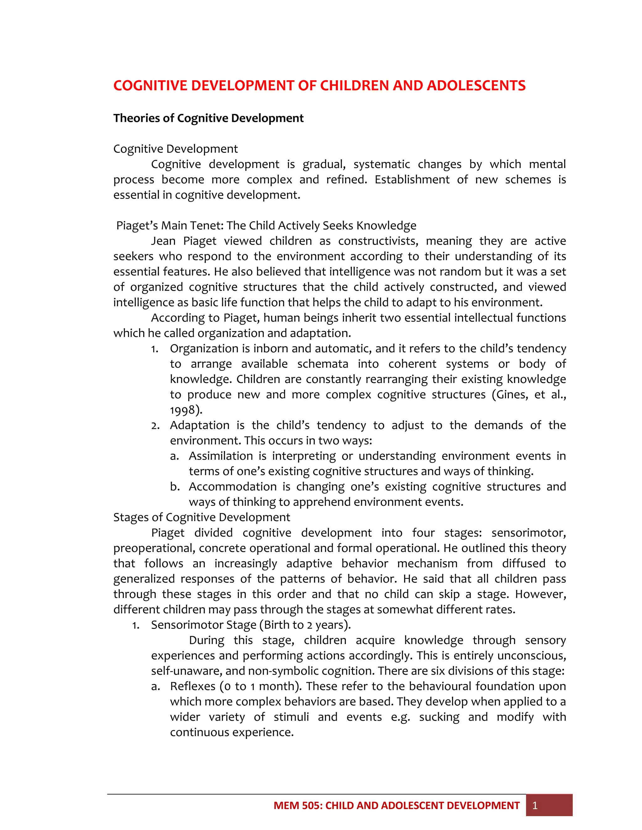 Cognitive development of children and adolescents | DOCX